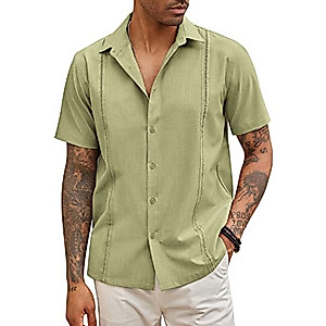 COOFANDY Men's Short Sleeve Summer Shirt Cuban Beach Tops Guayabera Shirts## Light Green