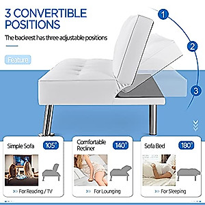 Topeakmart Convertible Sofa Bed Tufted Faux Leather Couch Bed with Chrome Metal Legs Adjustable Backrest Easily Converts to Recliner and Bed Comfortable Sofa for Living Room/Bed Room/Apartment,White