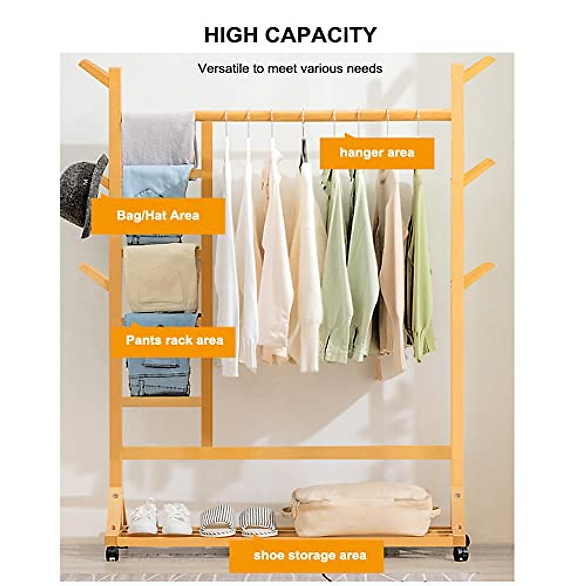 YXDFG 3-in-1 Clothes Hanging Rack, Rolling Closet Organizer Shoe Rack, Bamboo Clothes Drying Rack,with Bottom Shelves and 6 Side Hooks, for Hanging Clothes in Laundry, Bedroom, Bathroom Etc,Wood