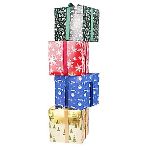 JWSCYSY Assorted Designs Christmas Gift Boxes with Lids, Tissue Papers and Ribbons, Medium Square Gift Boxes - 4 Pcs (8.7 Inch), Gift Wrapping Christmas Holiday New Year Presents Party Favor Boxes.