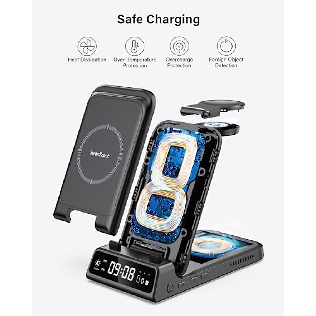 SwanScout Charging Station for Samsung S24 Ultra, SwanScout 703S, Wireless Charger for Samsung S24+/S24/S23 Ultra/S23/S22/Note 20, Galaxy Watch 6/6 Classic/5/4, Galaxy Buds 2 Pro/Pro (for Travel)