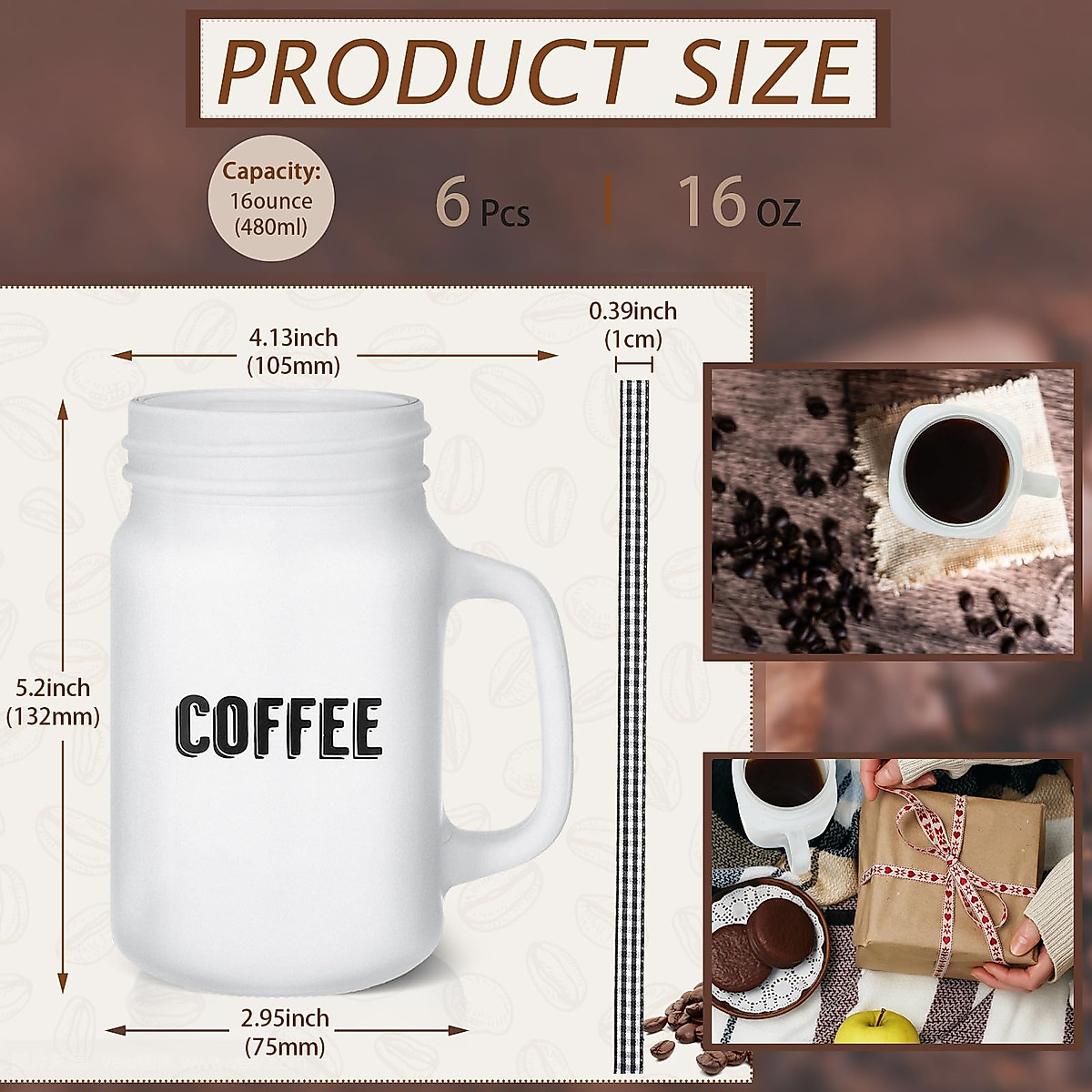 Dandat 6 Set of Matte White Mason Jar Coffee Cups 16 oz Farmhouse Mason Jar Mugs with Handles Coffee Drinking Glasses with Ribbon for Cold Coffee Beverages Cocktails Sodas Juice Decoration Storage