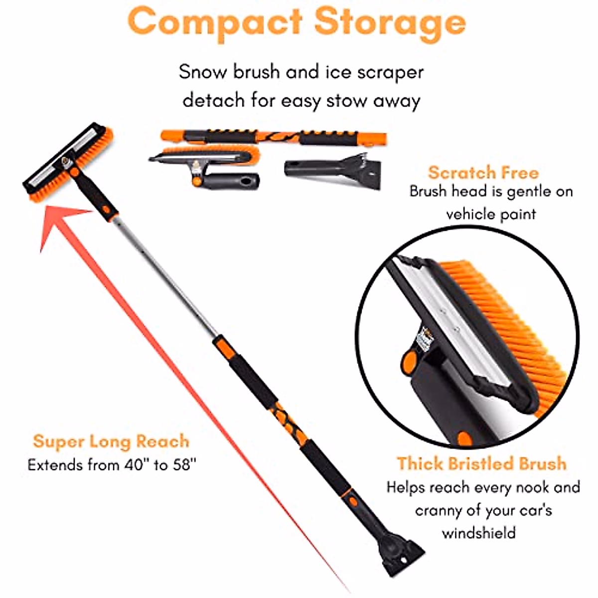 Snow MOOver 58" Extendable Snow Brush with Detachable Ice Scraper for Car | 11" Wide Squeegee & Bristle Head | Size: Truck, Car, SUV, & RV | Lightweight Aluminum Body with Ergonomic Grip