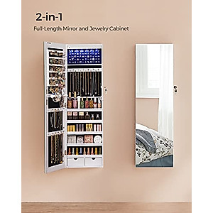 SONGMICS 6 LEDs Mirror Jewelry Cabinet, 42.5-Inch Tall Lockable Wall or Door Mounted Jewelry Armoire Organizer with Mirror, 2 Drawers, 3.7 x 14.6 x 42.5 Inches, White UJJC99WT