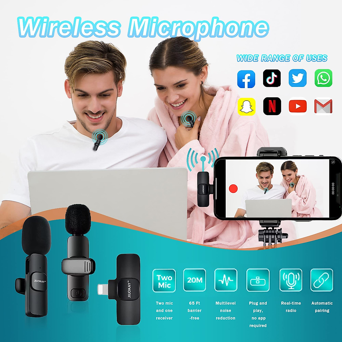 JIUOKAY 2 Pack Wireless lavalier Microphone for iPhone iPad, Tab Phones, iPhone Microphone for Video Recording Interview Podcast Vlog Zoom Facebook TikTok (Black-iPhone)