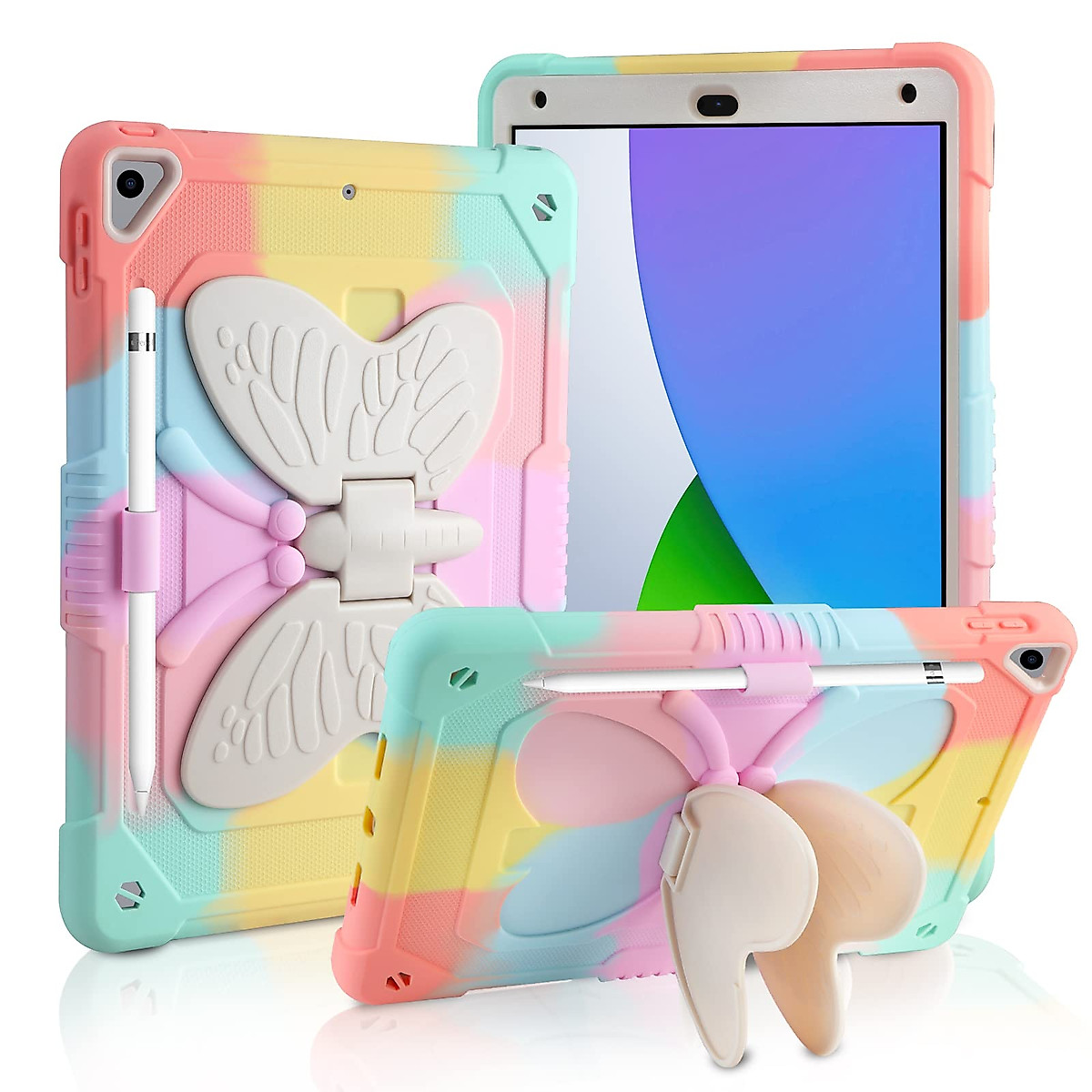 VOFUOE for iPad 9th 8th 7th Generation Case with Kickstand Butterfly Wings Pencil Holder for iPad 10.2 Case Heavy Duty Hard Rugged Protective Cover Kids Girls for iPad 9th/8th/7th Gen(2021/2020/2019)