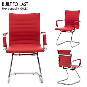DM Furniture No Wheels Reception Chairs Guest Chair Leather Conference Chairs Back Support Heavy Duty Office Chair, Set of 2 (Deep Red)
