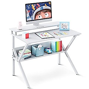 ODK Small Computer Desk, 27.5 inch Desk for Small Spaces with Storage, Compact Table with Monitor & Storage Shelves for Home Office, Modern Style Laptop Desk, Pure White