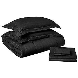 Elegance Linen Wrinkle Resistant - Luxury Silky Soft Dobby Stripe Bed-in-a-Bag 8-Piece Comforter Set - Full/Queen, Black