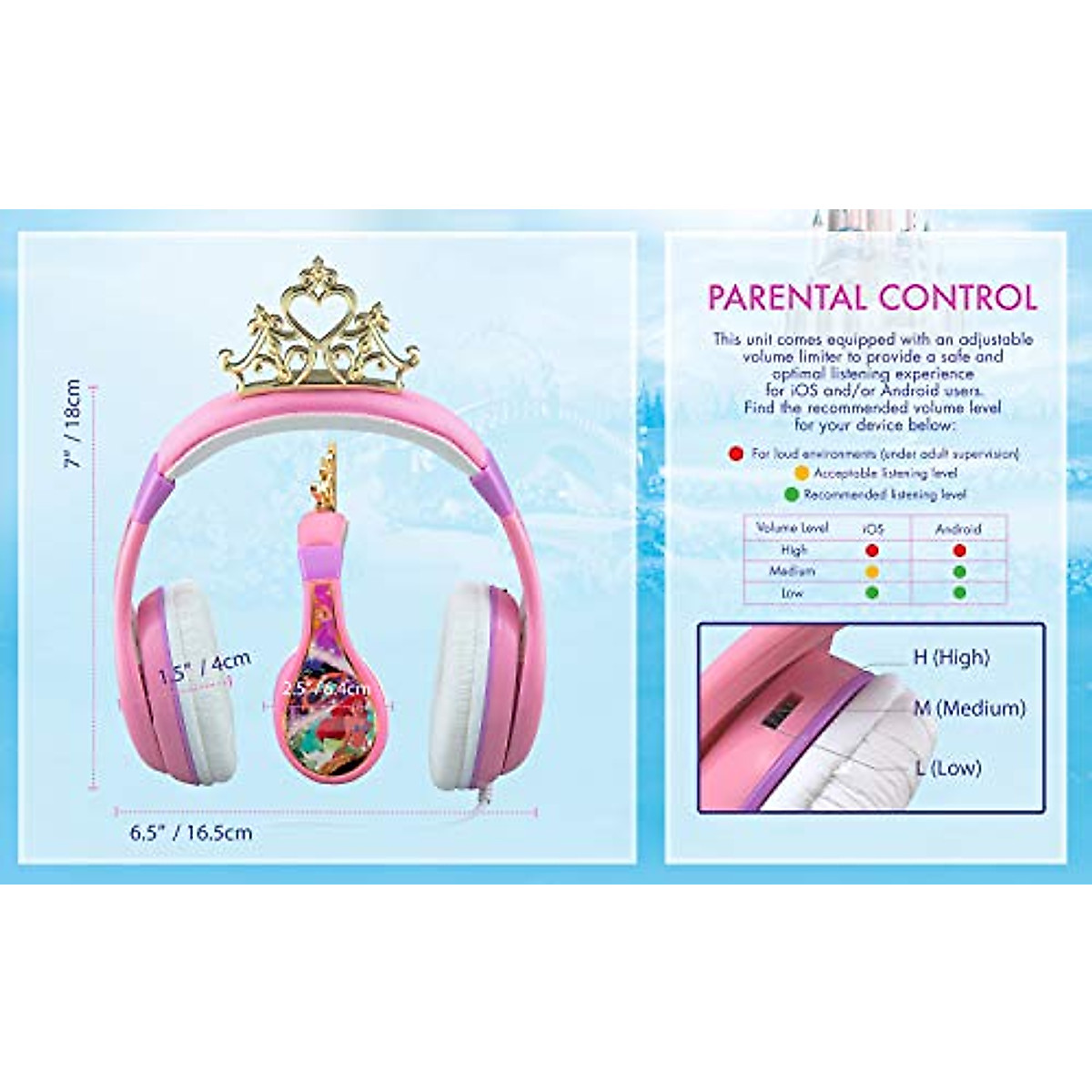 Disney Princess Kids Headphones, Adjustable Headband, Stereo Sound, 3.5Mm Jack, Wired Headphones for Kids, Tangle-Free, Volume Control, Foldable, Childrens Headphones Over Ear for School Home, Travel