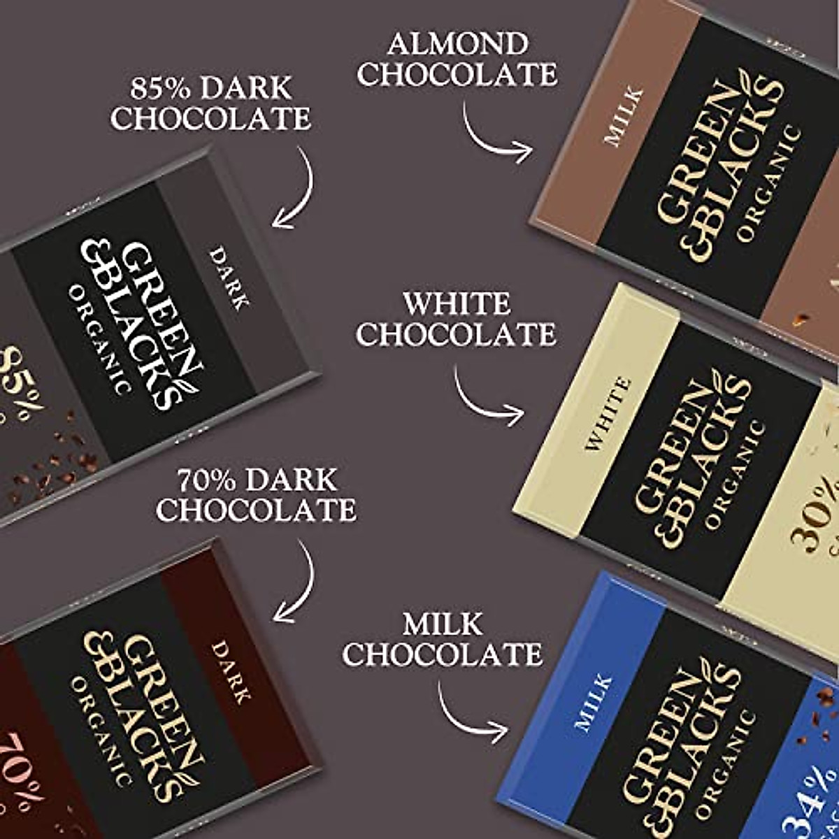 Green & Black’s Organic Chocolate Variety Pack, 85% Dark Chocolate, 70% Dark Chocolate, Milk Chocolate, Milk Chocolate with Almonds & White Chocolate, 8 - 3.17 oz Bars