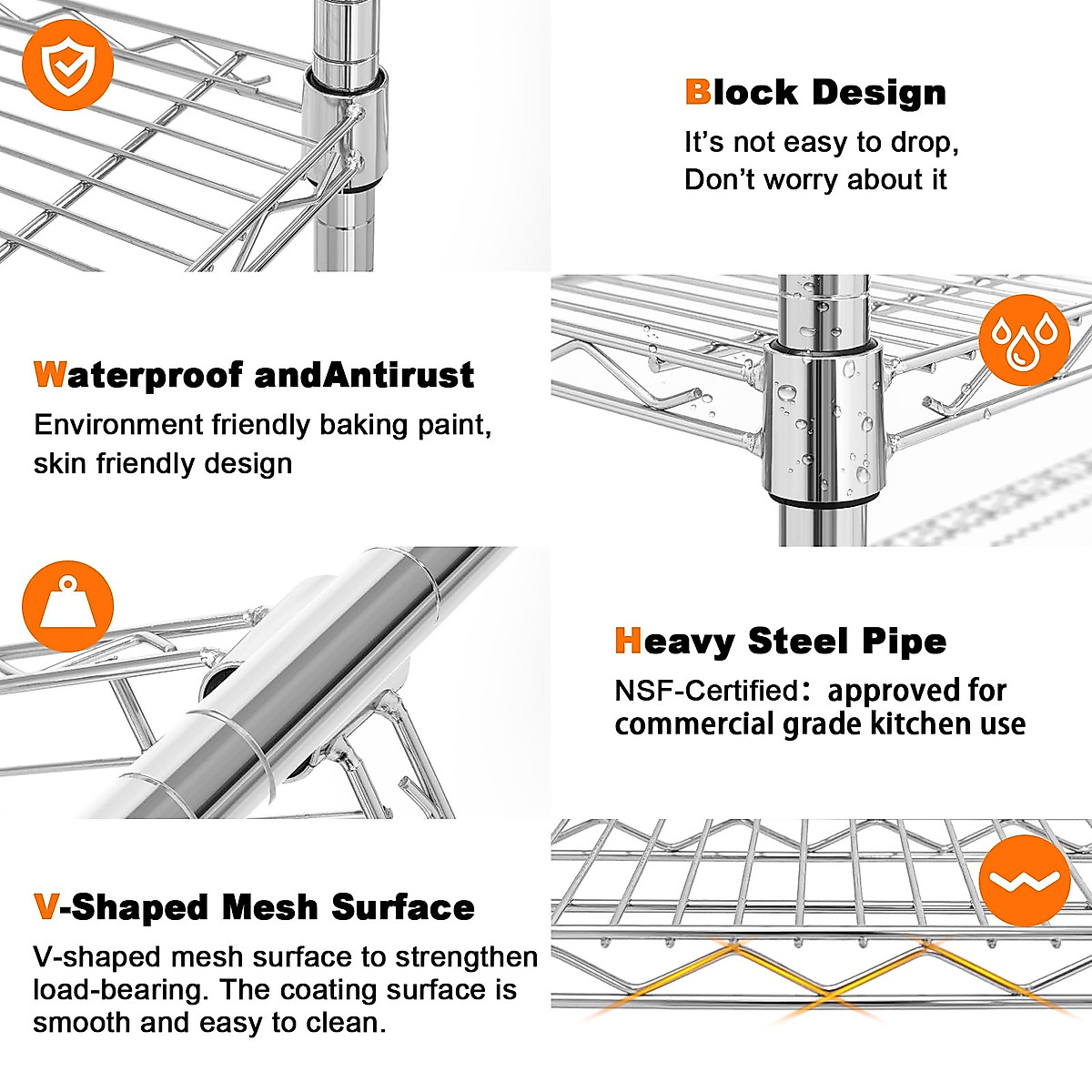 Land Guard 5 Tier Chrome Storage Racks and Shelving - 48" L x 20" W x 72" H Heavy Steel Material Pantry Shelves - Each Unit Loads 350 Pounds Wire Shelf, Suitable for Warehouses, Closets, Kitchens