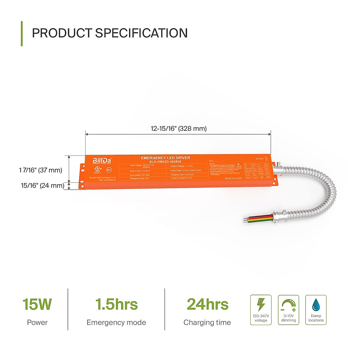 ASD Battery Back-Up Kit 15W - Suitable for LED Commercial Downlights ASD-CDL7, CD-P, CD-T - 90 Minutes Emergency Battery, 5000 Cycles of Standard Charge & Discharge - Damp Rated, UL Certified
