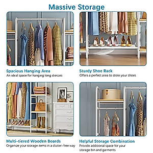 Timate P9 Clothes Rack with Shelves Portable Freestanding Clothing Rack for Hanging Clothes, Heavy Duty Garment Rack with 6 Wood Shelves & 2 Hanging Rod Sturdy Metal Storage Wardrobe for Bedroom White