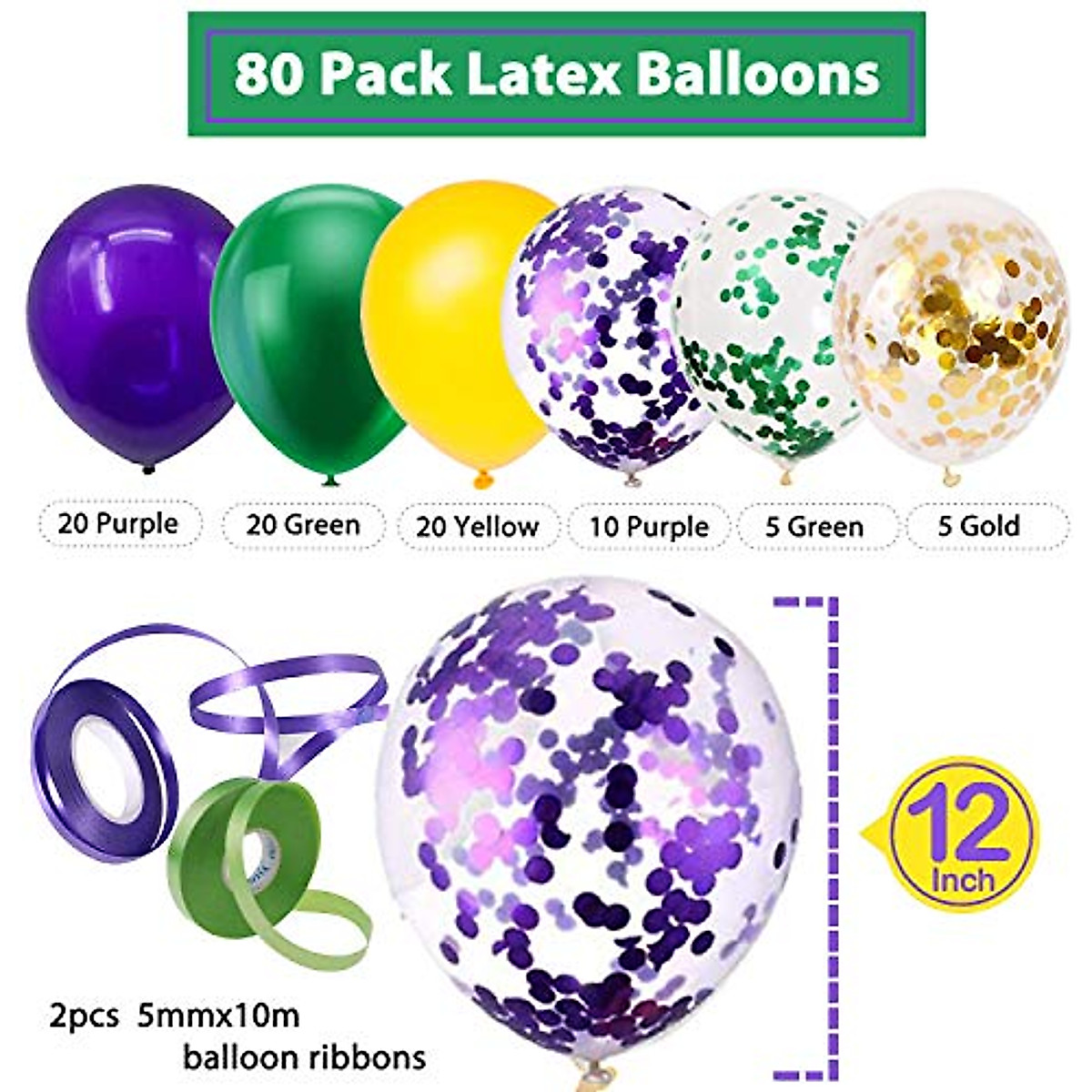 80PCS Mardi Gras Party Balloons Decoration Supplies - Purple Green Gold Mardi Gras Themed Latex Balloons Party Decorations