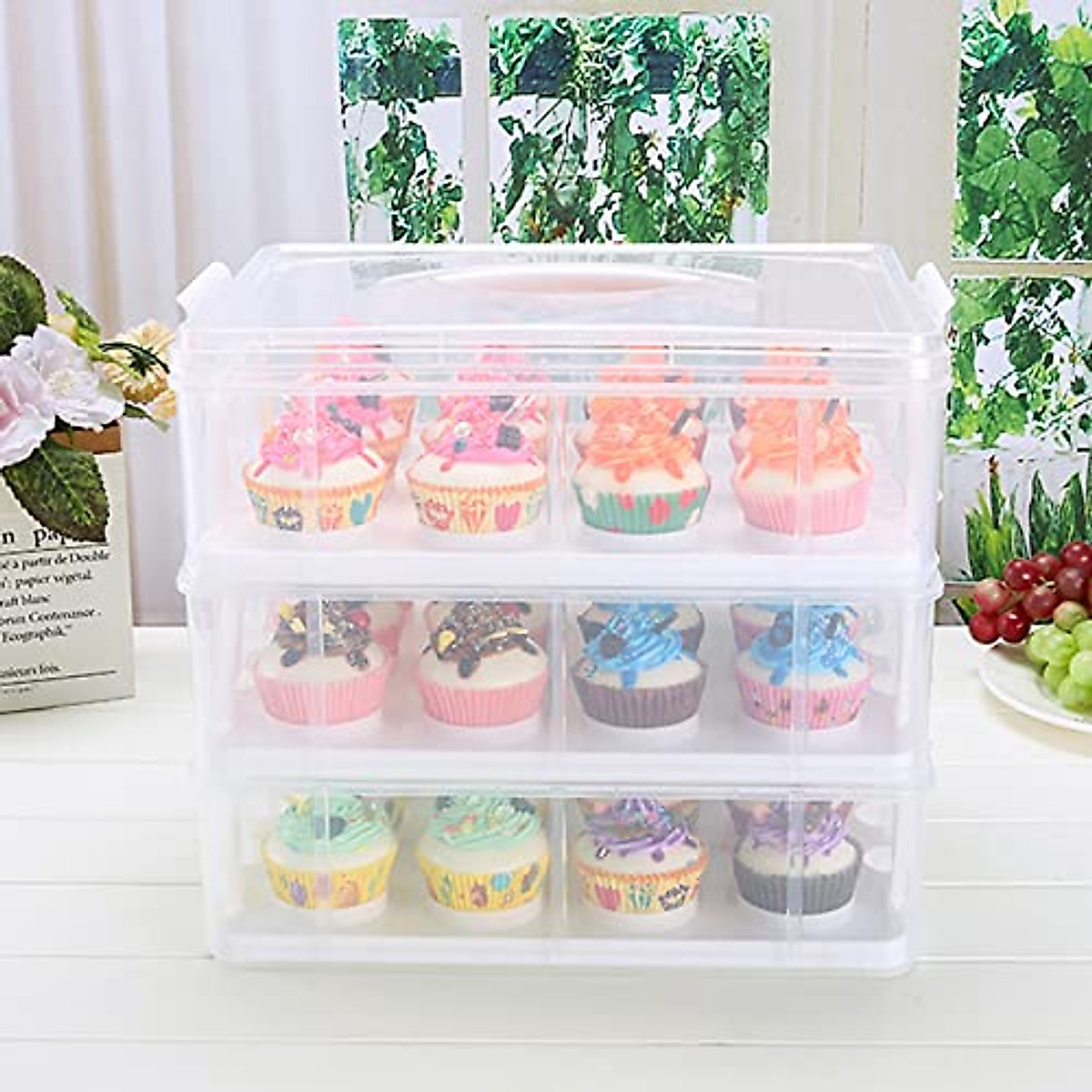 ATRDTO 3-Tiers Stack Carry Storage Box With Handle, Transparent Stackable Storage Bin With Handle Lid Latching Storage Container for Holds 36 Cupcakes or 3 Large Cake (Style A)