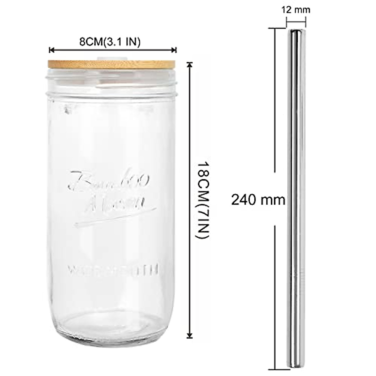 Mason Jar with Lid and Straw, ANOTION 24oz Wide Mouth Boba Cup Reusable Drinking Glasses Tumbler Smoothie Water Bottles for Iced Coffee Margaritas Ice Cream Juice Cocktail Travel Office Home, 4 Packs