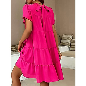 Verdusa Women's Tie Back Petal Sleeve Mock Neck Ruffle Hem A Line Swing Smock Dress Hot Pink L