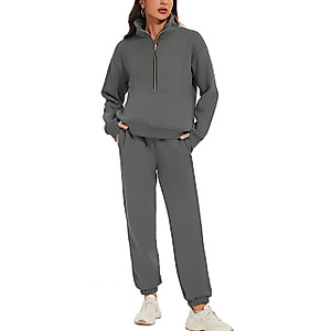 Flygo Womens Fleece 2 Piece Outfits Sweatsuit Half Zip Pullover Sweatshirt Joggers Pants Tracksuit Set (Darkgrey-M)