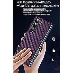 BAILI Galaxy Z Fold5 Case with Kickstand,Carbon Fiber Finish and Glass Back Z Fold5 Cover with HD Screen Film,Support Wireless Charging Shell for Samsung Galaxy Z Fold5-Blue