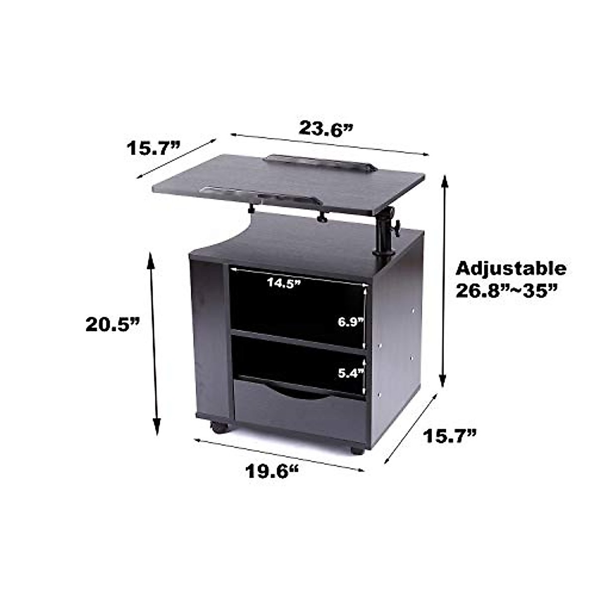 SIDUCAL Multi-Functional Wooden Bedside Table Height Adjustable & 360 Rotation Table top Rolling Laptop Desk Computer Table，Nightstand with Drawers, Black (Right Side) …
