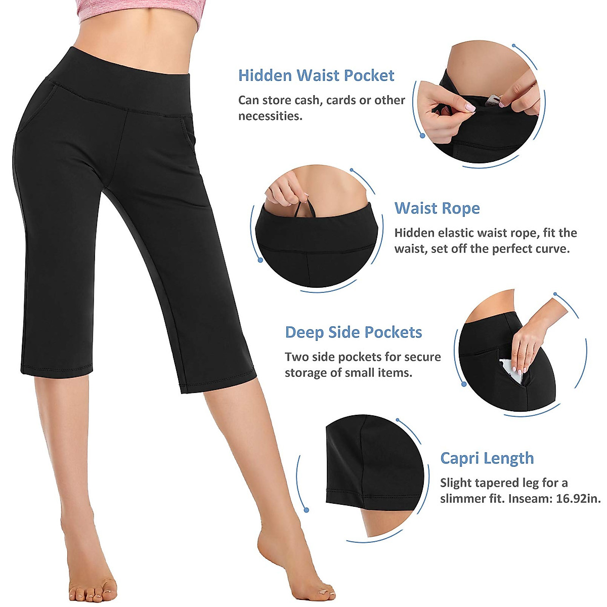 RIMLESS 7 Women's Capri Pants with Pockets Lounge Crop Yoga Pants Tummy Control Stretch Workout High Waist Athletic Pants P03-Black-L