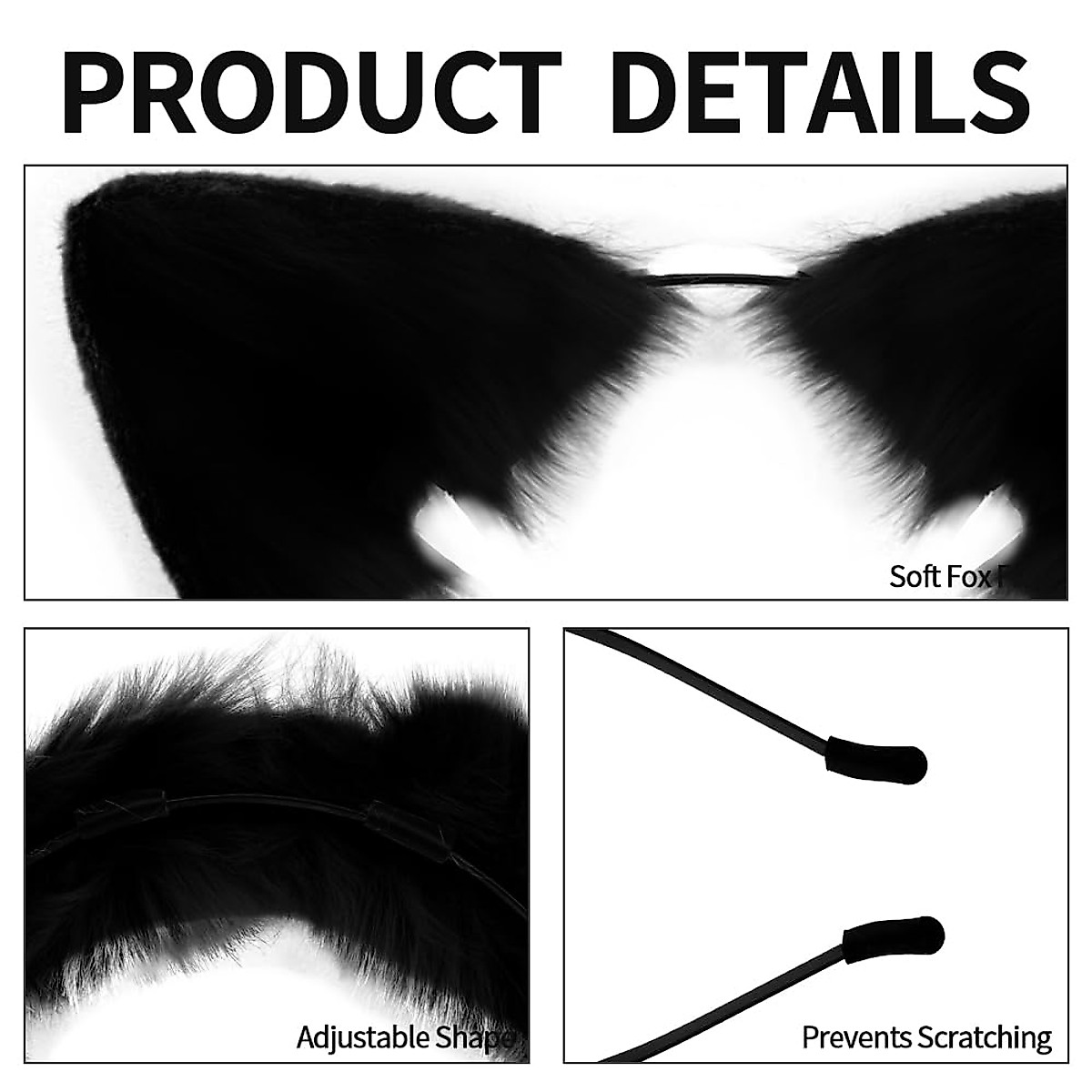 anpiwshjo Fox Cat Wolf Rat Ears Headband, Halloween Furry Headband, Animal Ears Headband, Halloween Christmas Cat Costumes Cosplay Party for Women Men Adult (Black)