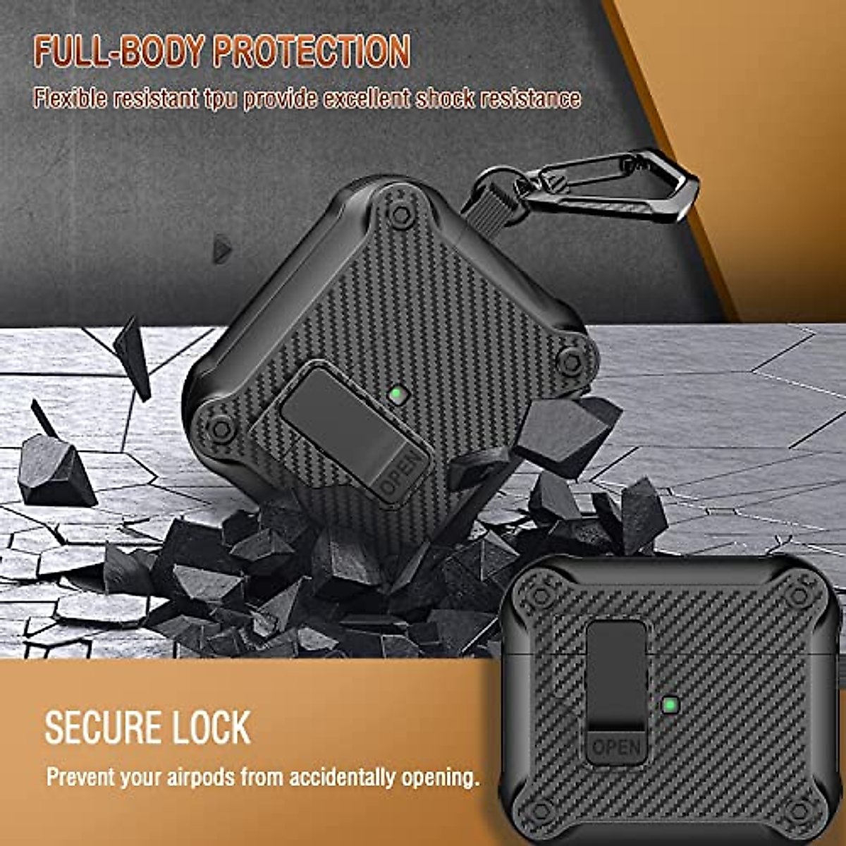 R-fun Airpods 3rd Generation Case with Automatic Secure Lock Clip, Armor Protective Hard TPU Case Cover for Apple Airpods 3 2021 Charging Case with Carbon Fiber Keychain-Black