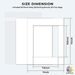 Mat Board Center, Pack of 50, 11x14 for 8x10 - White Mats, Clear Bags, Backing Boards - Acid Free, 4-ply Thickness, White Core - for Pictures, Photos, Framing