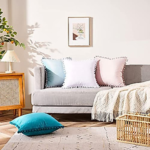 Top Finel Decorative Throw Pillow Covers with Pom Poms Soft Particles Velvet Solid Cushion Covers 18 X 18 for Couch Bedroom Car, Pack of 2, Pure White