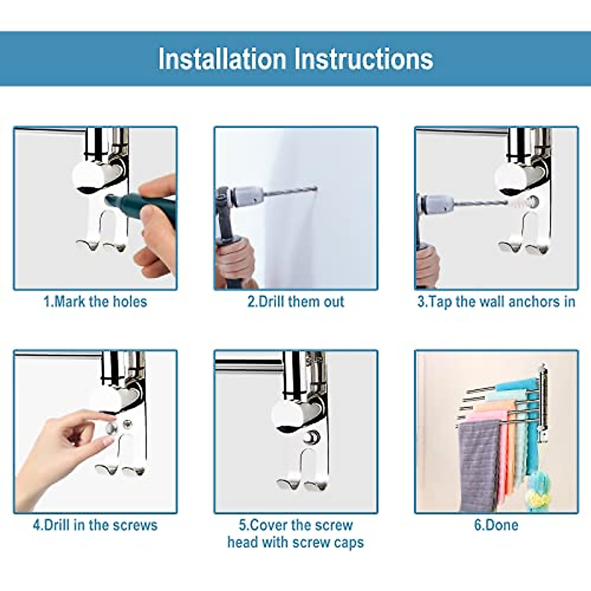 SCDGRW Swivel Towel bar 5 arm - Stainless Steel Bathroom Swing Towel Rack with Hook- Wall Mounted Towel Holder Storage Organizer for Bathroom Kitchen