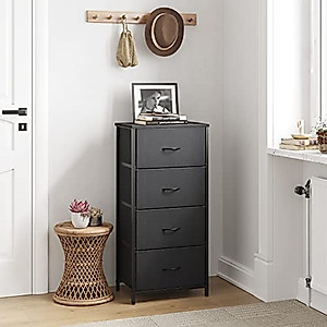 Cubiker Dresser Storage Tower, 4 Drawers Fabric Organizer Unit for Bedroom Hallway Entryway Closets, 16" Small Dresser Clothes Storage with Sturdy Steel Frame Wood Top, Black Grey