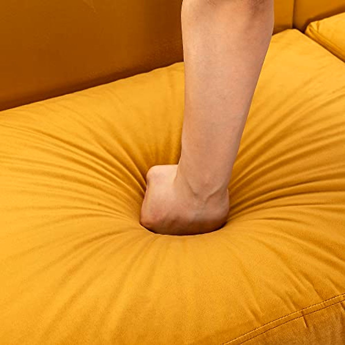 Polibi Modern Velvet Sofa with Metal Legs and 2 Pillows, Upholstered Sofa Couch for Living Room, Bedroom, Up to 3 Person Capacity, Mustard