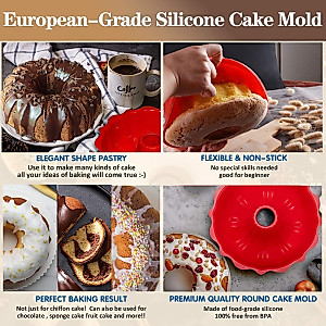 Aokinle European Grade Top-Level Silicone Cake Mold, Non Stick 9 inch Fluted Tube Cake Pan for Bakeware for Cake, Jello, Gelatin, Bread, Monkey Bread, Brownie, Round baking pan, BPA Free Bakeware