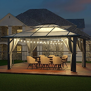 MUPATER Outdoor 10' x 13' Polycarbonate Hardtop Gazebo with Aluminum Frame, Double Roof Canopy, Netting and Curtainsfor Patios, Deck, Lawns, Gardens and Pools