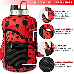 DR.HYDRO 3.2L Water Bottle One Gallon Sleeve Jug Insulated Neoprene Cover Large 108oz Holder with Shoulder Strap for Gym and Workout (Lady Bug)