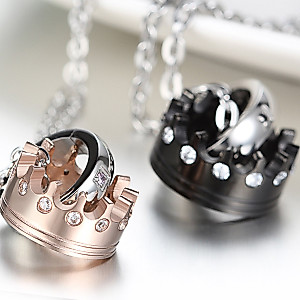 OIDEA 2pcs Stainless Steel Cubic Zirconia His Queen Her King Crown Pendant Necklace,Rosegold,Black for Christmas Valentines Gifts
