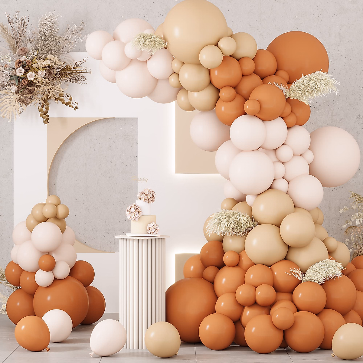 Rubfac 134pcs Boho Balloon Garland Arch Kit Double-Stuffed Matte Orange Cream Peach Apricot Balloons for Wedding Birthday Baby Shower Party Decor