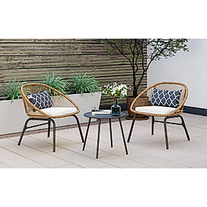 LAUSAINT HOME 3 Piece Patio Conversation Bistro Set, All-Weather Outdoor Wicker Furniture with 2 Wide Chairs and Coffee Table Perfect for Porch, Backyard, Balcony (Linear Weave Design)