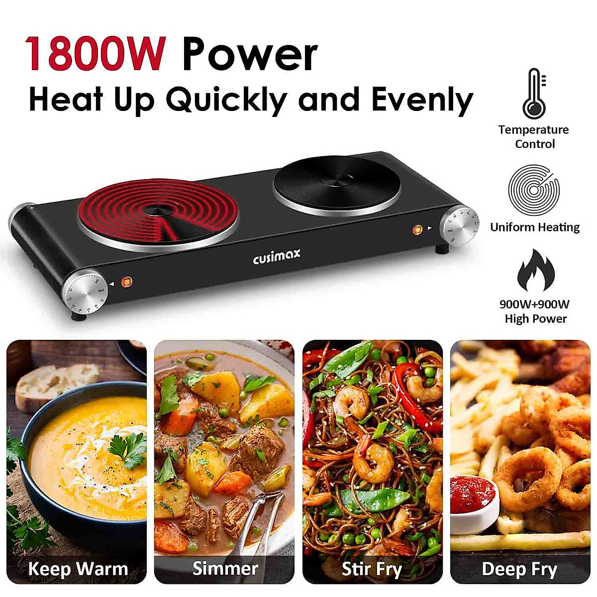 Cusimax Hot Plate for Cooking 1800W Portable Electric Double Burner Countertop Cooktop Cast Iron Stove Heating Plate with 7 Power Levels Adjustable Temp Control, Compatible for All Cookwares
