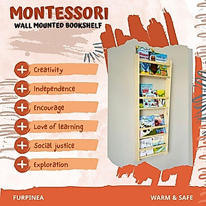 Furpinea Handmade Natural Wood 4 Tier Montessori Wall Mounted Kids Wide Book Shelf for Nursery (Narrow 13" Width, Natural)