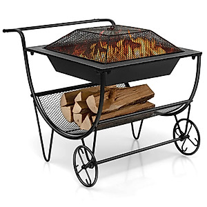 Tangkula Outdoor Fire Pit with Wheels and Firewood Log Rack, Patio Wood Burning Bonfire Pit with Storage Rack, Spark Screen, Portable Rolling Fire Pit Stove for Outside, Camping & Picnic