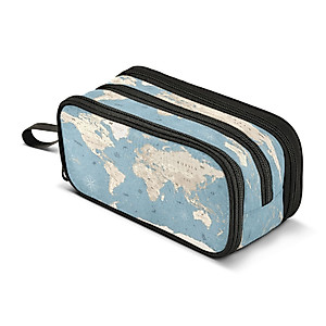 ALAZA World Map Vintage Blue and Beige Pencil Case Large Capacity,Pencil Pouch Office College Large Storage Pen Bag 3 Compartment Pencil Cases for Women Adults Teen