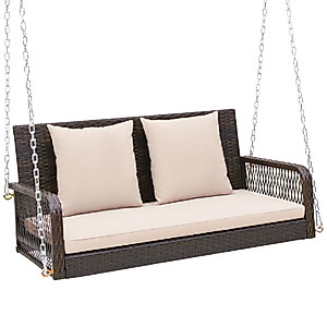 Tangkula Wicker Outdoor Porch Swing, 800 LBS Capacity Outdoor Swing Bench with Hanging Chains, Back and Seat Cushions, 2-Seater Hanging Patio Bench for Deck, Garden, Yard (Beige)