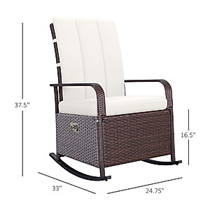 Outsunny Outdoor Rattan Rocking Chair Patio Recliner with Soft Cushions, Adjustable Footrest, Max. 135 Degree Backrest, PE Wicker, Beige