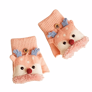 Aniywn Kids Winter Convertible Fingerless Gloves Cute Cartoon Christmas Warm Knit Gloves for Kids Boys Girls 4-12 Years