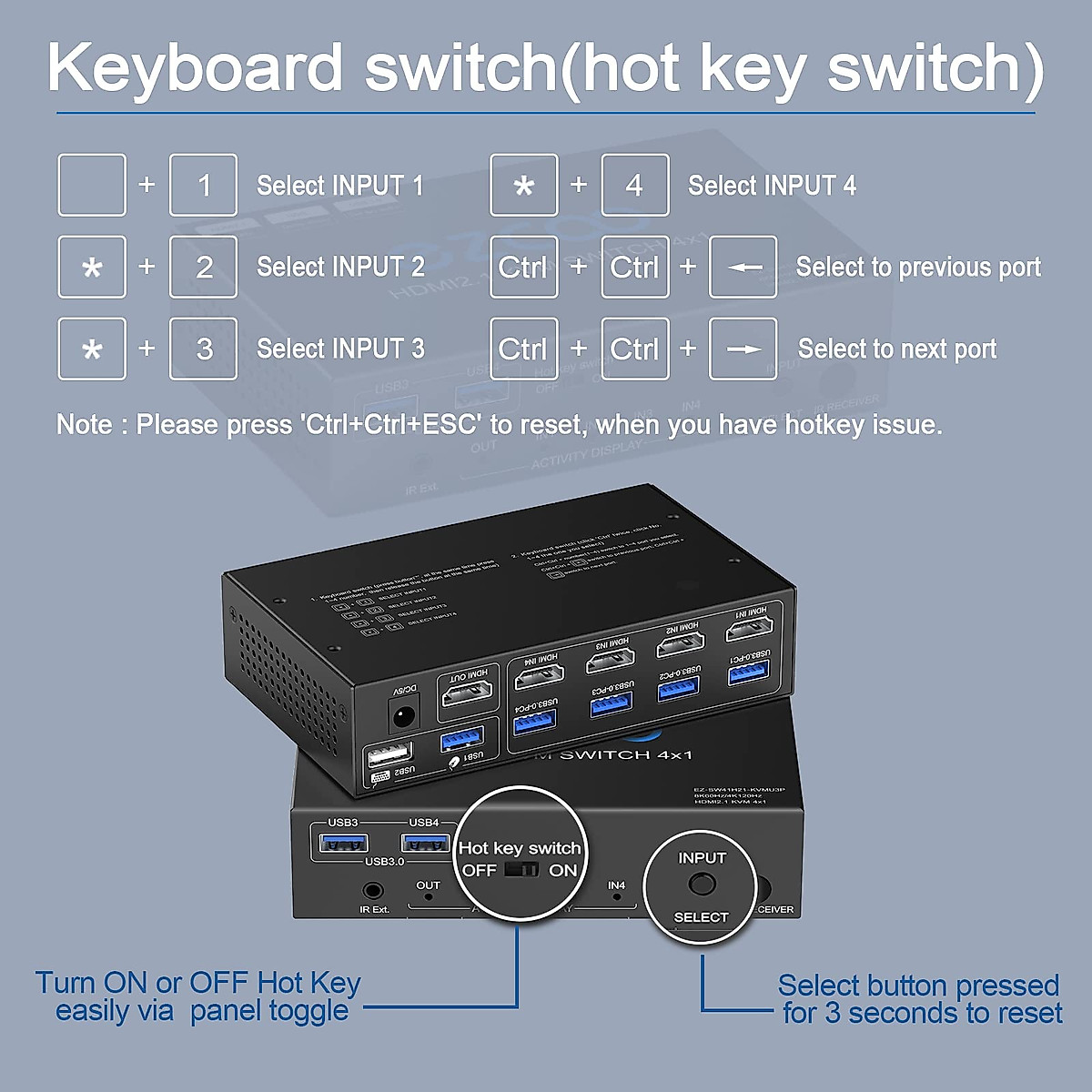USB 3.0 KVM Switch HDMI 4 Computer 1 Monitor 8K 4K 120Hz VRR G/Sync HDCP Bypass Atmos IR Remote - 4X USB3.0 Cable, HotKey for USB 1.0 Keyboard Mouse Printer, IR Extend Windows Mac 41KVM8K