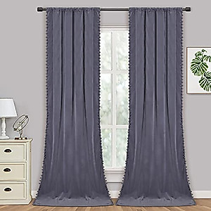 Haperlare Pom Pom Velvet Curtains 96 inches Long Heavy-Duty Room Darkening Velvet Drapes Thermal Insulated Home Decor Tasseled Window Treatment Set Panels for Living Room Bedroom, Grey, 2 Panels