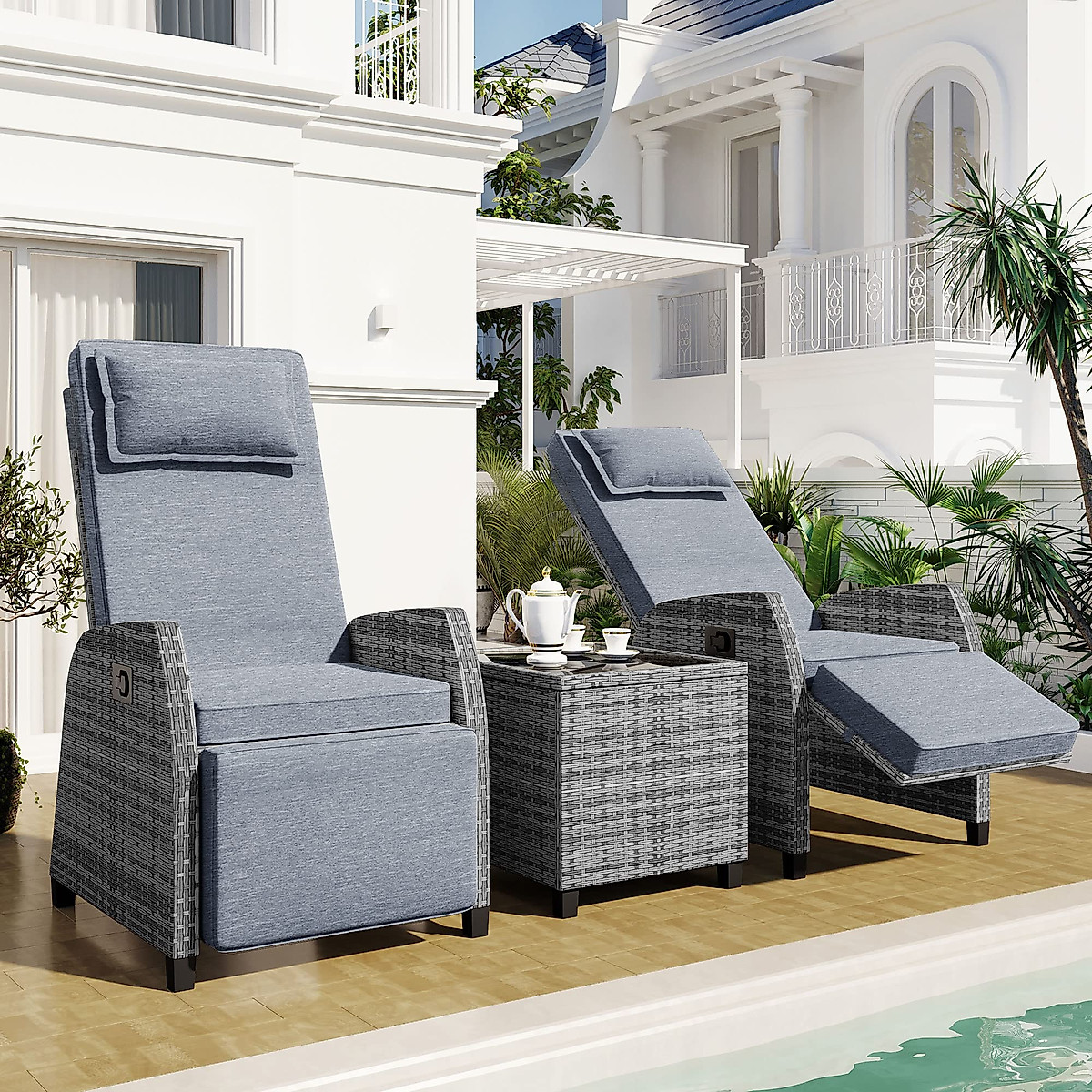 VilroCaz Outdoor Patio Rattan Single Sofa Set with Adjustable Backrest and Coffee Table, All Weather Two-Person PE Wicker Conversation Chairs Set for Courtyard, Swimming Pool, Balcony (Gray-3 Piece)
