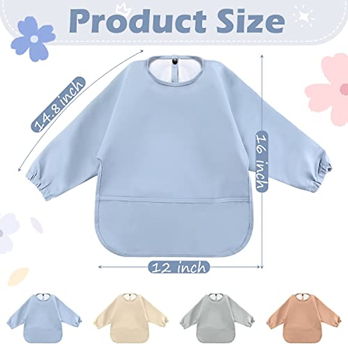4 Pack Long Sleeve Baby Bibs Waterproof Long Sleeved Bib Baby Eating Smock Bib Feeding Baby Bib with Sleeves Baby Shirt Bib with Food Catcher Soft Art Smock Bibs for Babies Toddlers 6-36 Months
